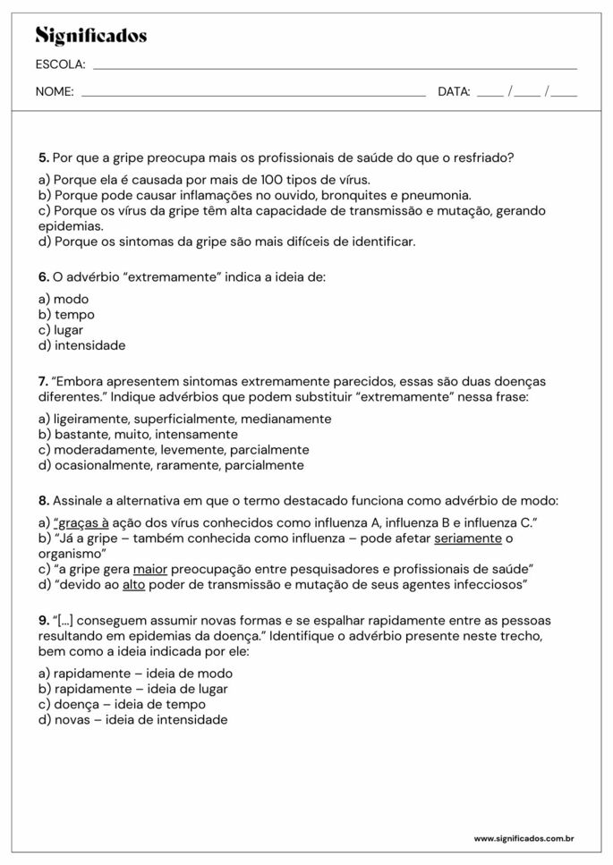 Atividades de Português para o 8º ano (para imprimir e estudar) - Significados