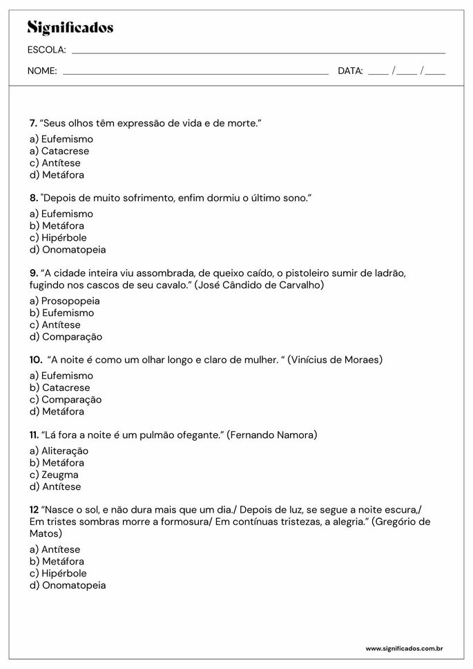 Atividades de Português para o 8º ano (para imprimir e estudar) - Significados