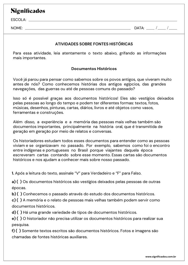 Atividade sobre fontes históricas (para imprimir) - Significados