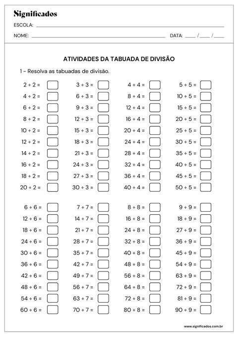 Folhas de atividades da tabuada de divisão (para imprimir) - Significados