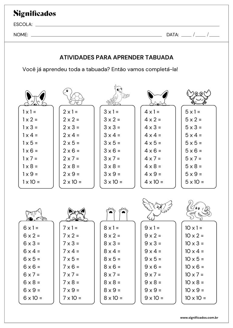 Atividades das tabuadas de multiplicação (para imprimir) - Significados